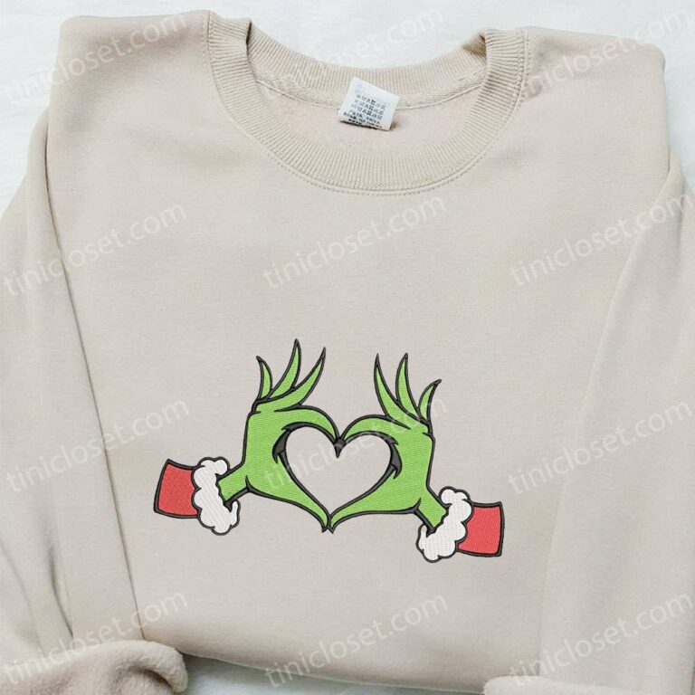 Grinch Hands Heart Sign Embroidered Shirt, Christmas Embroidered Hoodie ...