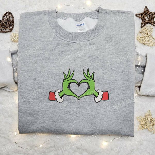 Grinch Hands Heart Sign Embroidered Shirt, Christmas Embroidered Hoodie ...