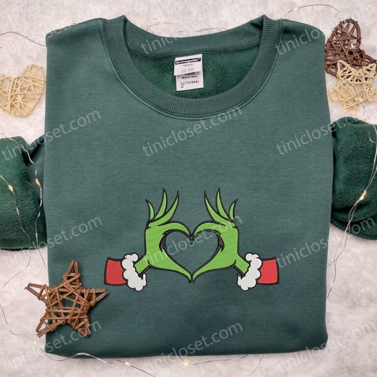 Grinch Hands Heart Sign Embroidered Shirt, Christmas Embroidered Hoodie ...